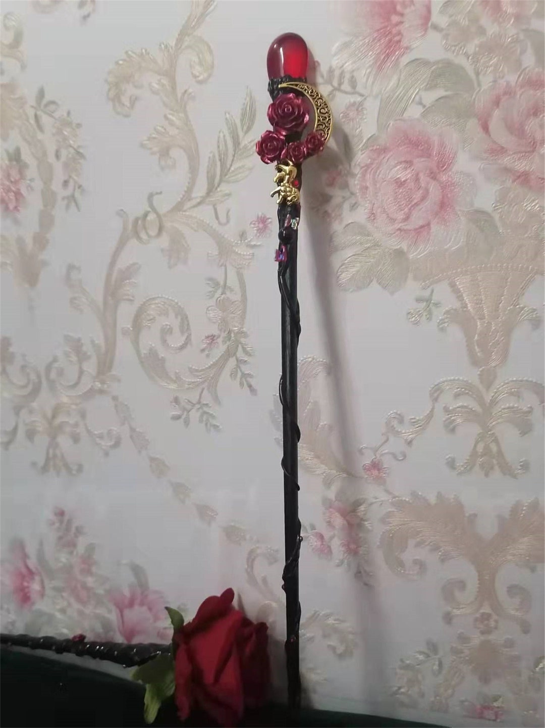 Red Flowers Crystal Wand, Metal Lion Magic Wand, Fantasy Nature Wand ...