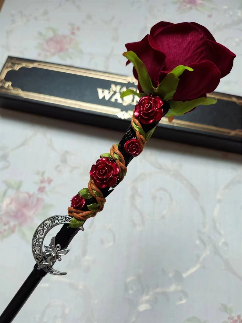 Red Roses Witch Wand, Beautiful Floral Elven Wand, Elegant Fairy Wand ...