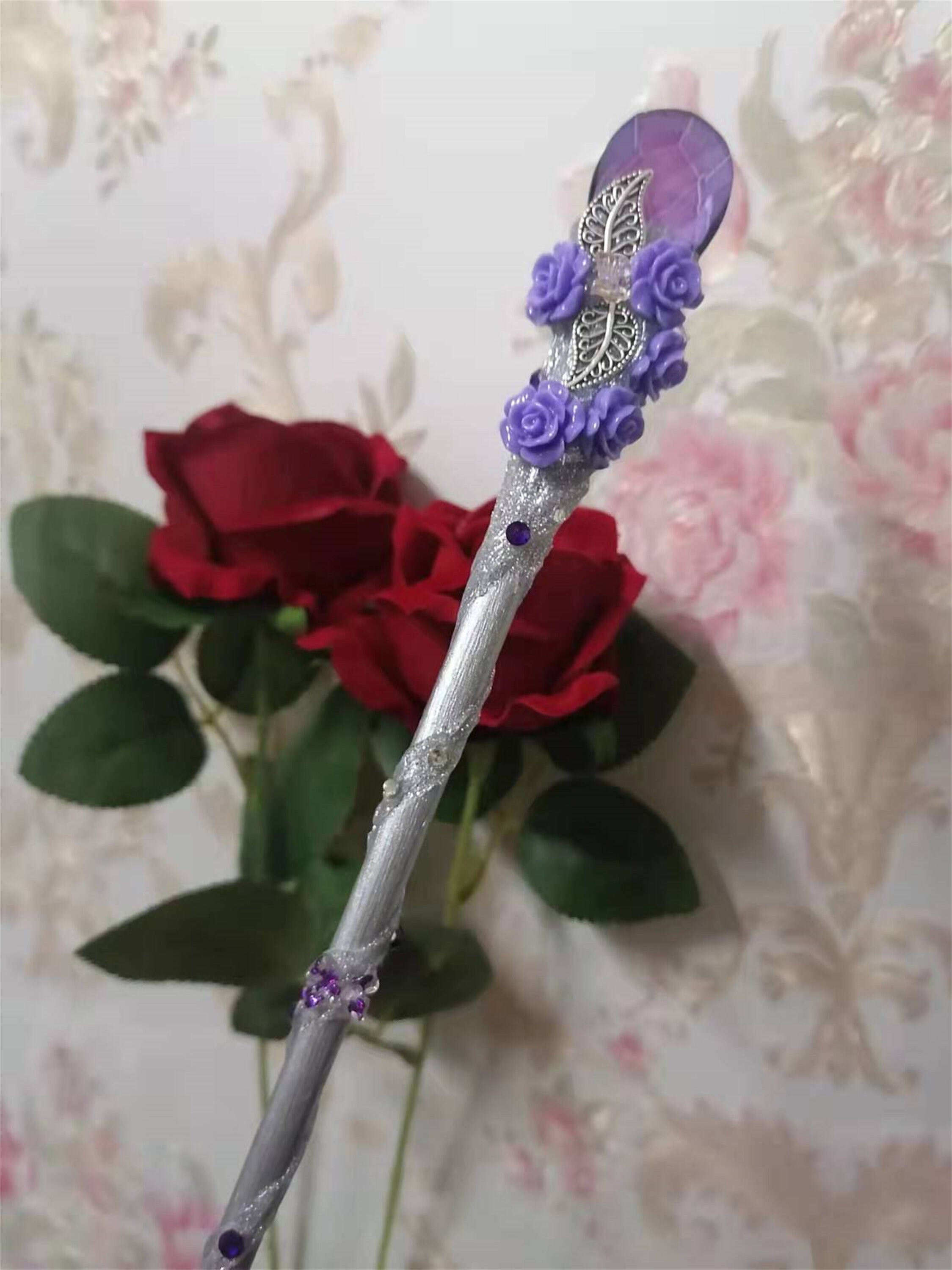 Purple Flowers Magic Wand, Handmade Crystal Wand, Halloween Wizard Wand ...