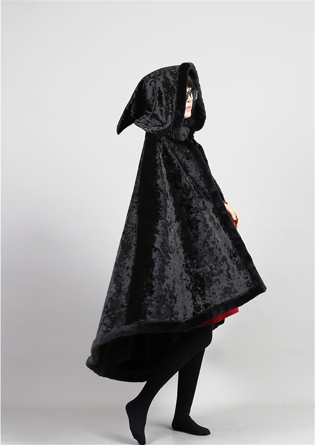 Black Long Magic Cloak, Winter Warm Plush Cape, Halloween Wizard Hooded Cape, Cool Halloween ...