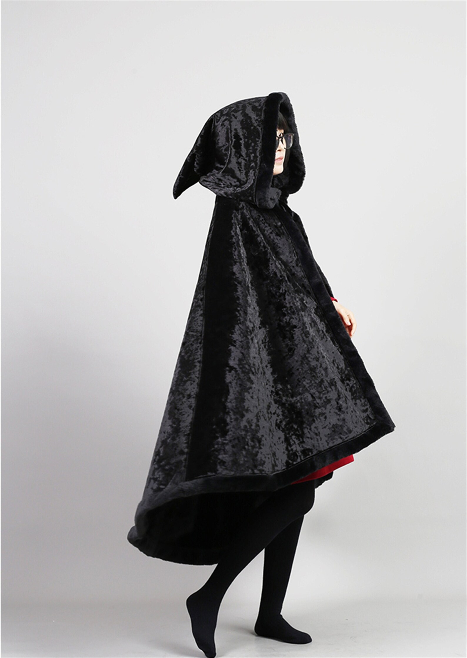 Black Long Magic Cloak, Winter Warm Plush Cape, Halloween Wizard Hooded ...