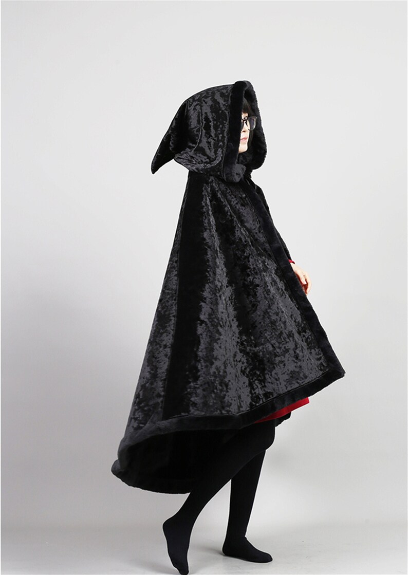 Black Long Magic Cloak, Winter Warm Plush Cape, Halloween Wizard Hooded ...