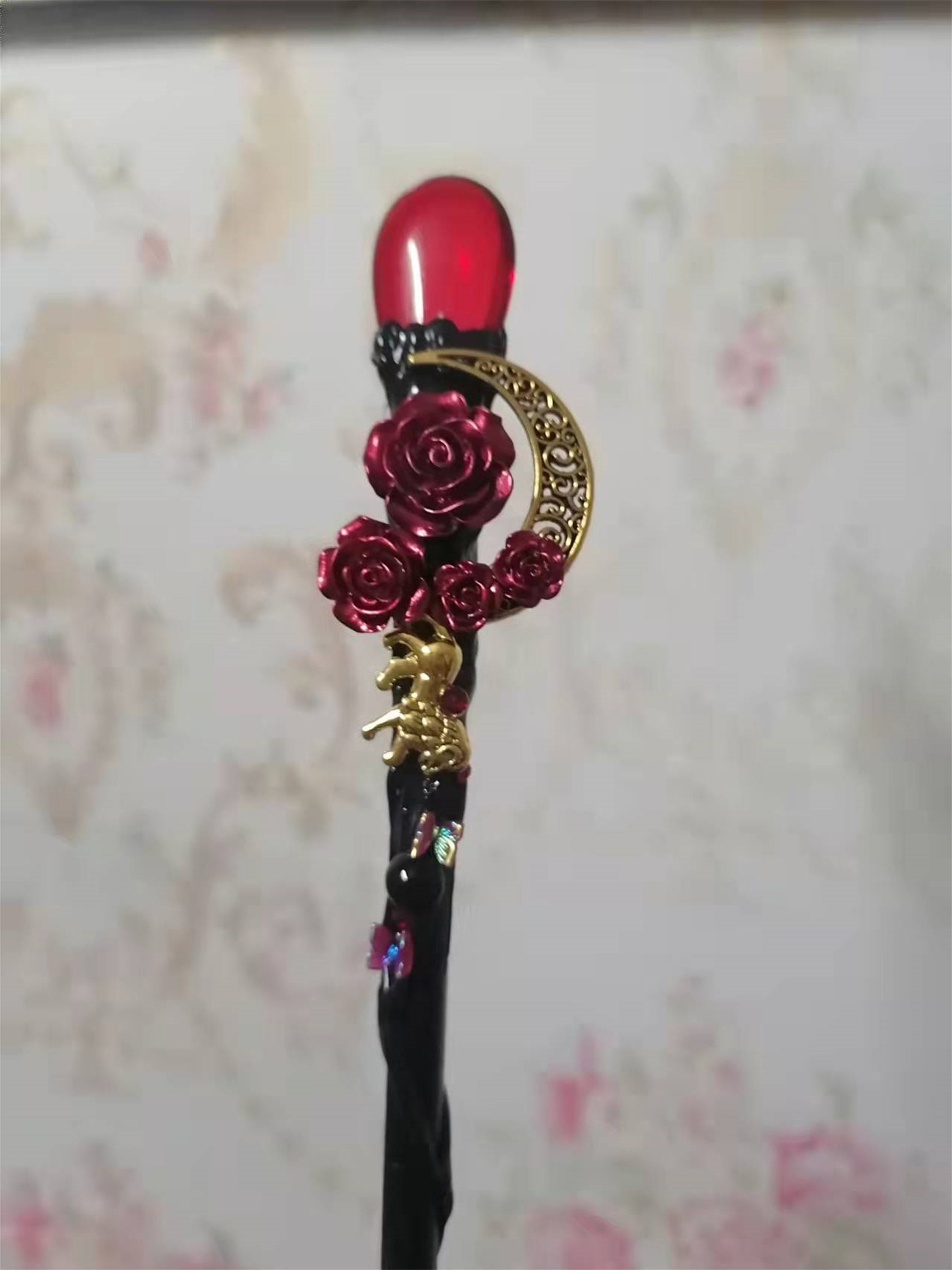 Red Flowers Crystal Wand, Metal Lion Magic Wand, Fantasy Nature Wand ...