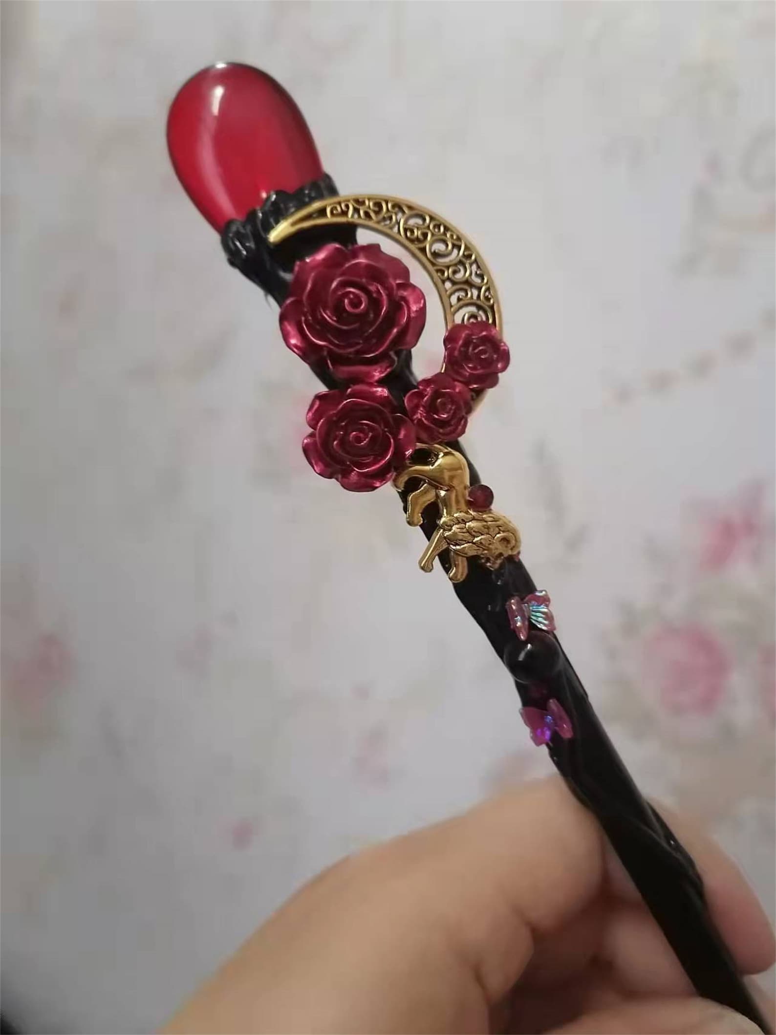 Red Flowers Crystal Wand, Metal Lion Magic Wand, Fantasy Nature Wand ...