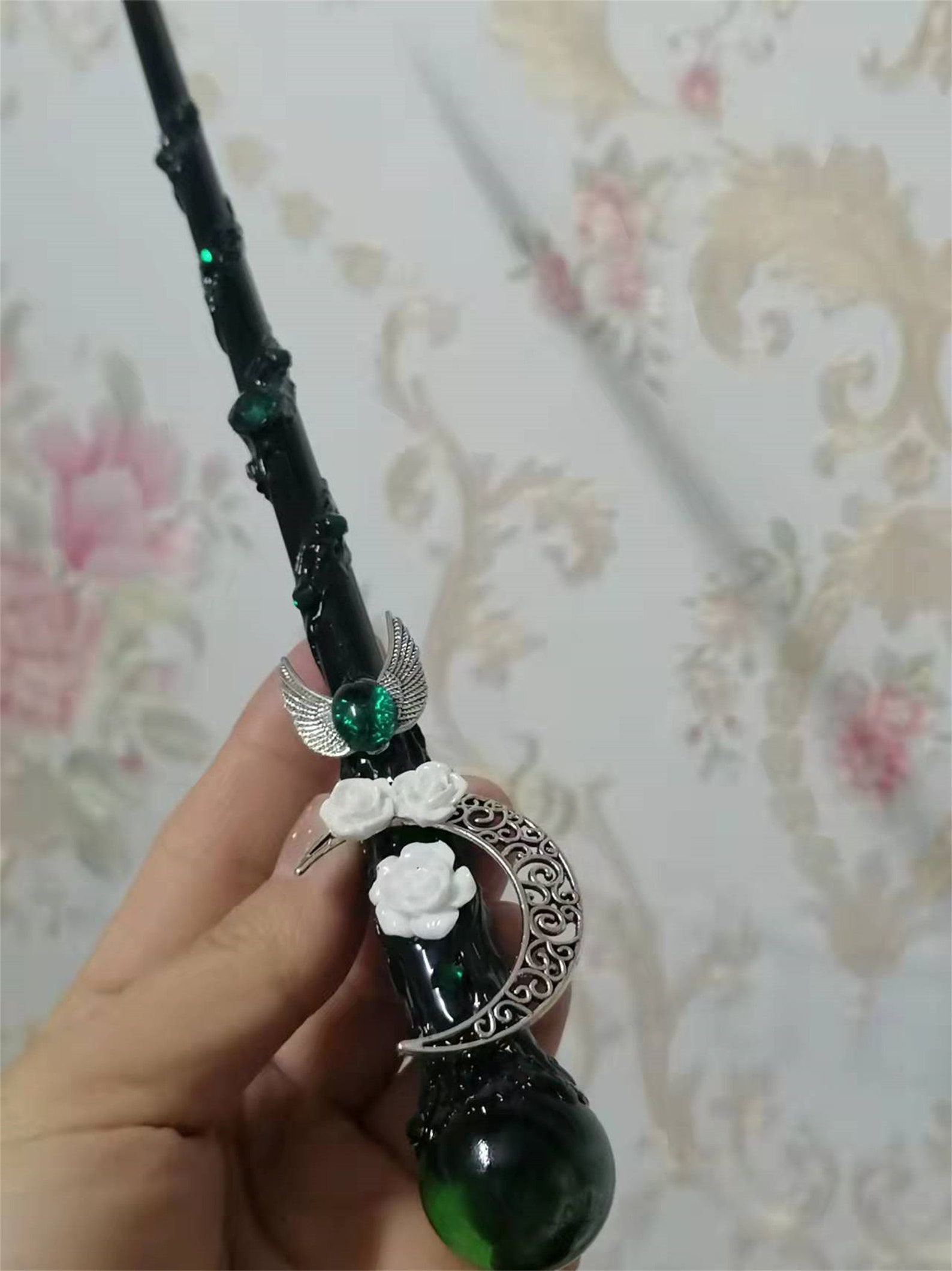 Green Crystal Magic Wand, Moon White Flowers Wand, Nature Wood Wand ...