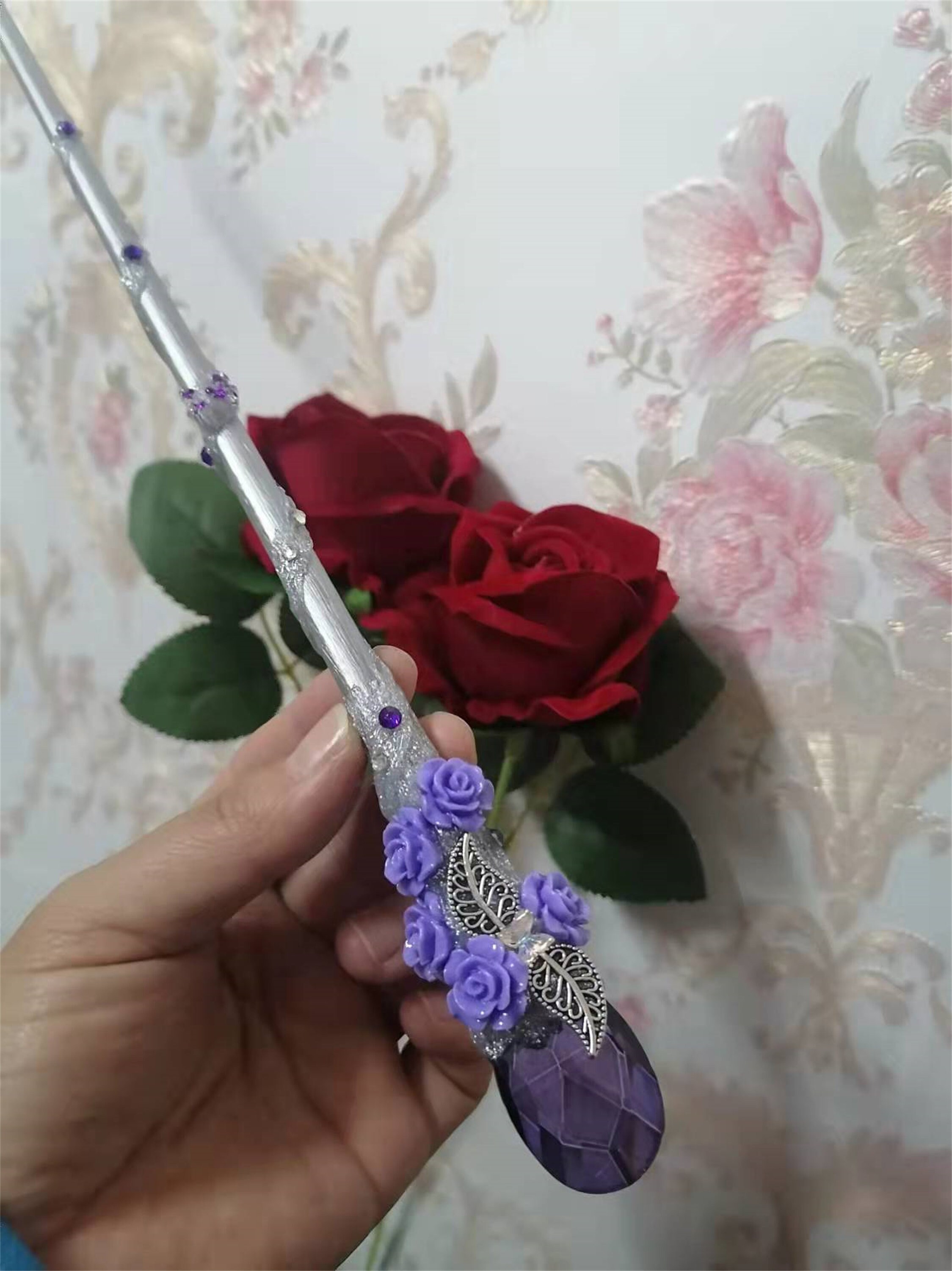 Purple Flowers Magic Wand, Handmade Crystal Wand, Halloween Wizard Wand ...