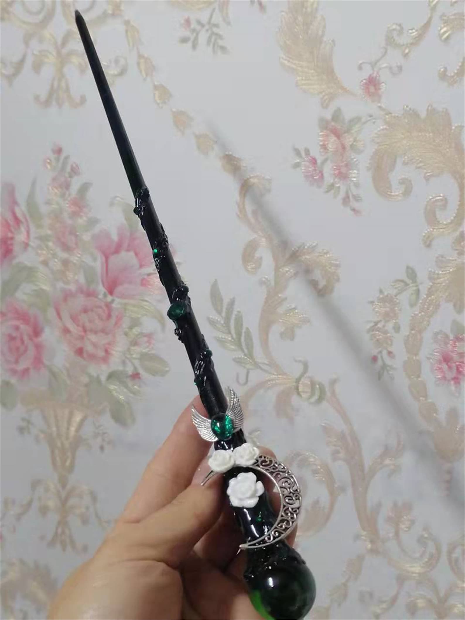 Green Crystal Magic Wand, Moon White Flowers Wand, Nature Wood Wand ...