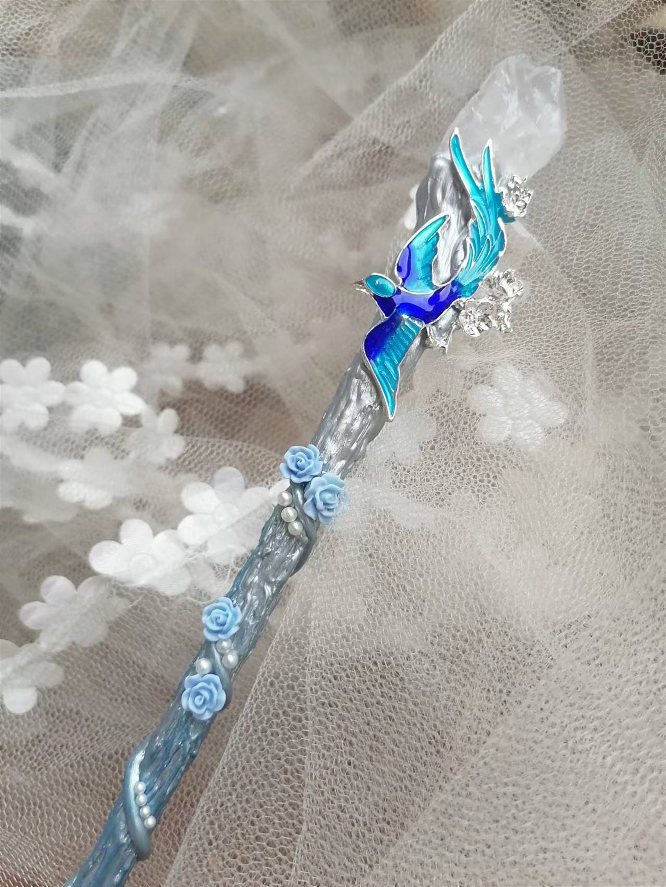 Blue Gradient Wand, Flower Bird Magic Wand, Floral Halloween Wizard ...
