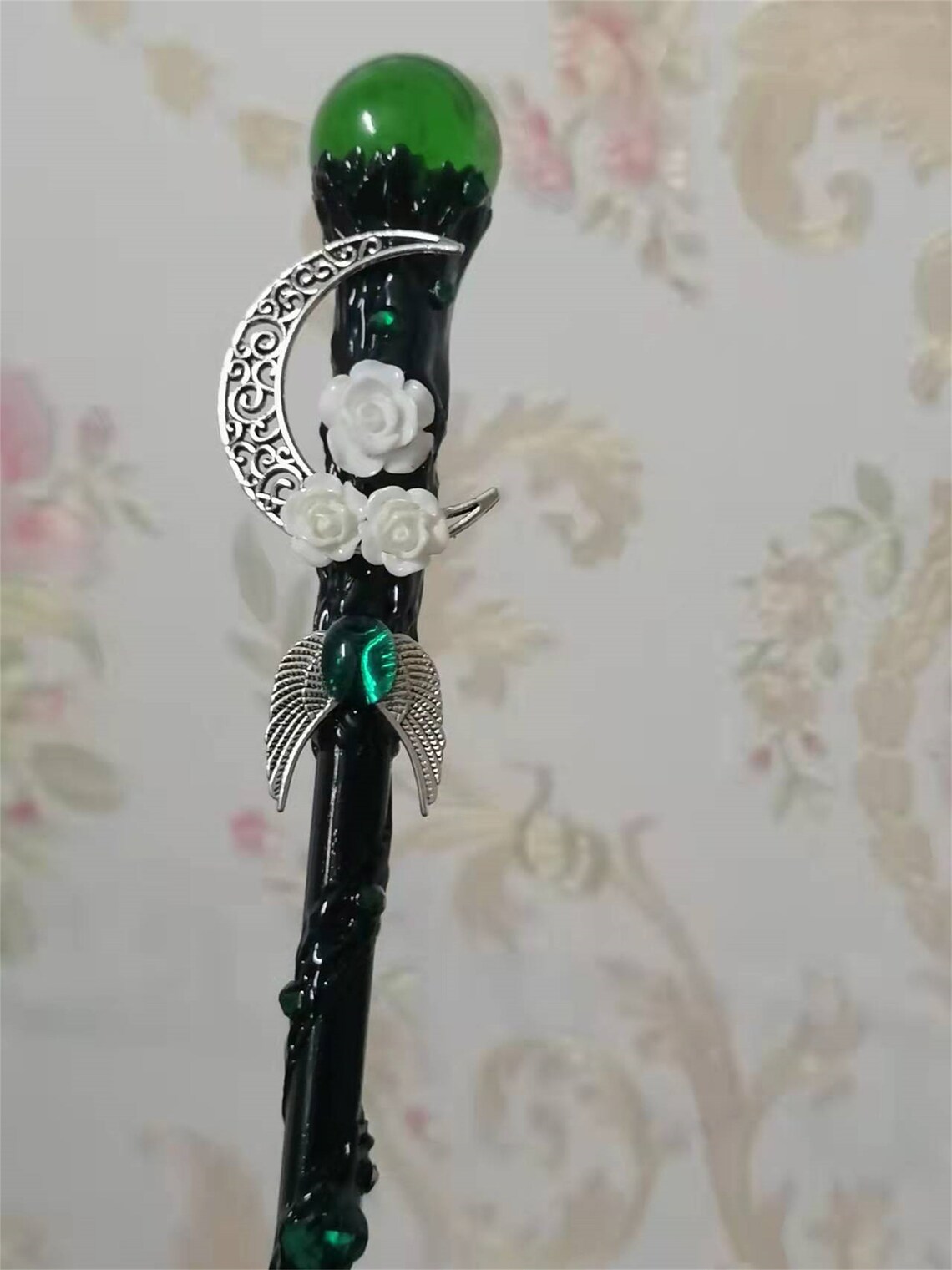 Green Crystal Magic Wand, Moon White Flowers Wand, Nature Wood Wand ...