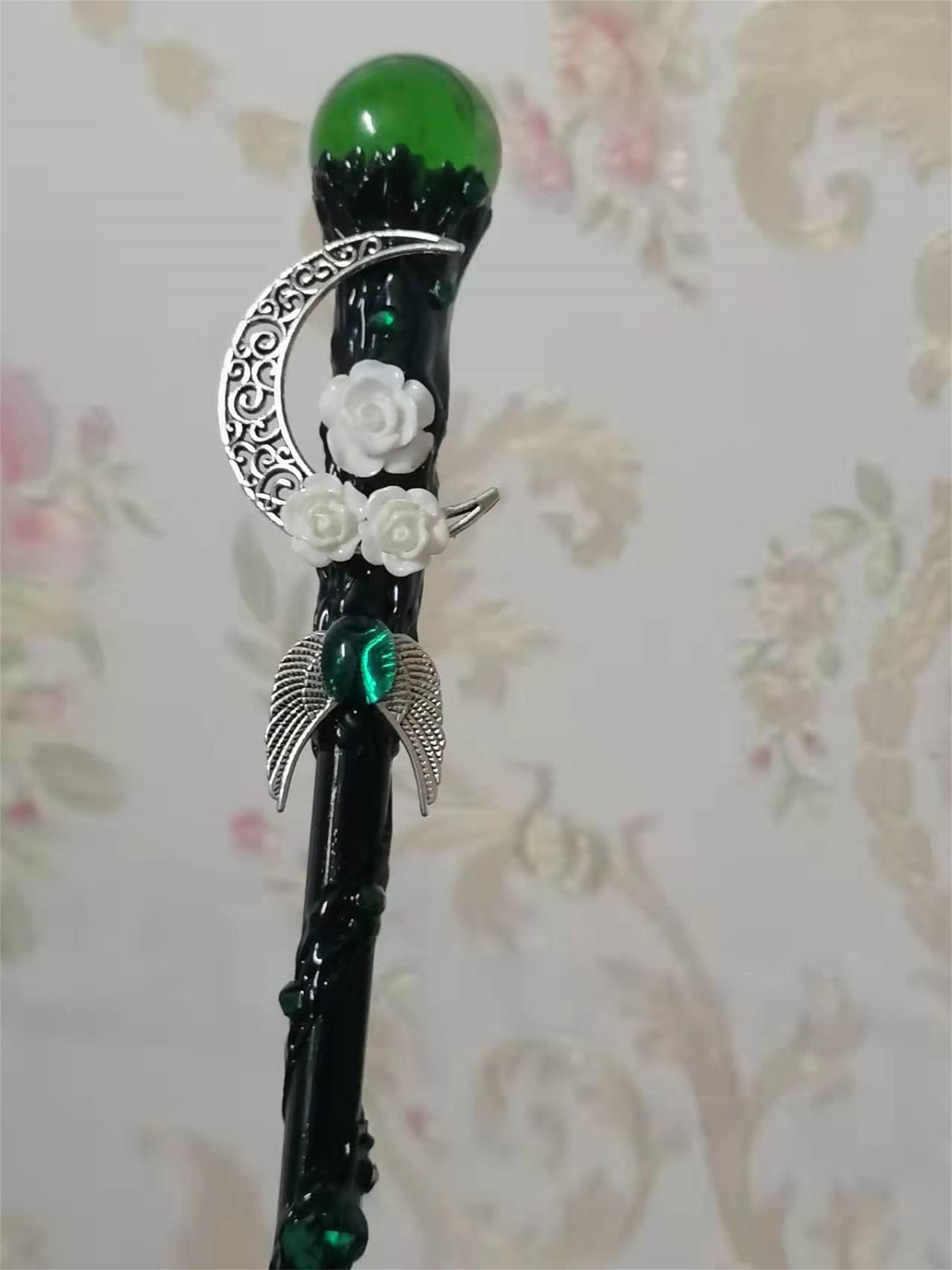 Green Crystal Magic Wand, Moon White Flowers Wand, Nature Wood Wand ...