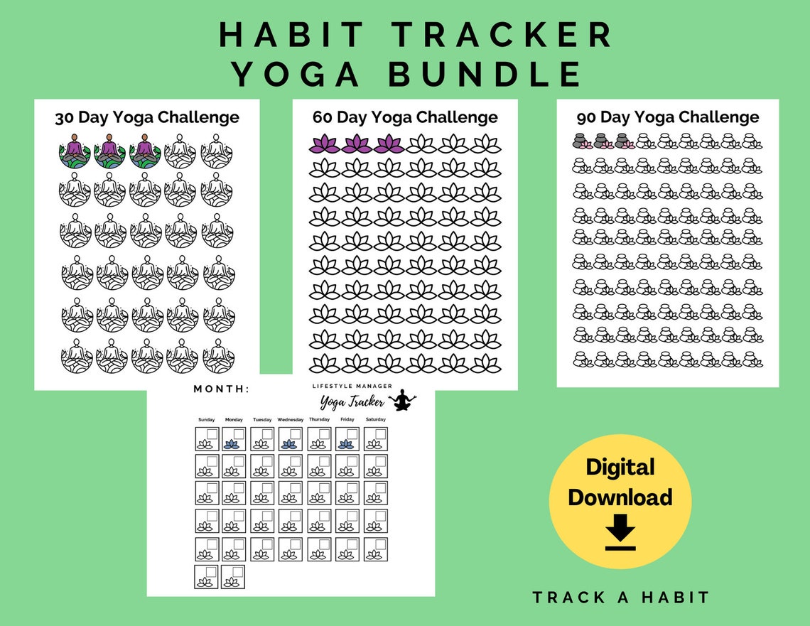 Yoga Challenge Bundle Printable Yoga Lifestyle Daily Yoga Tracker Yoga ...