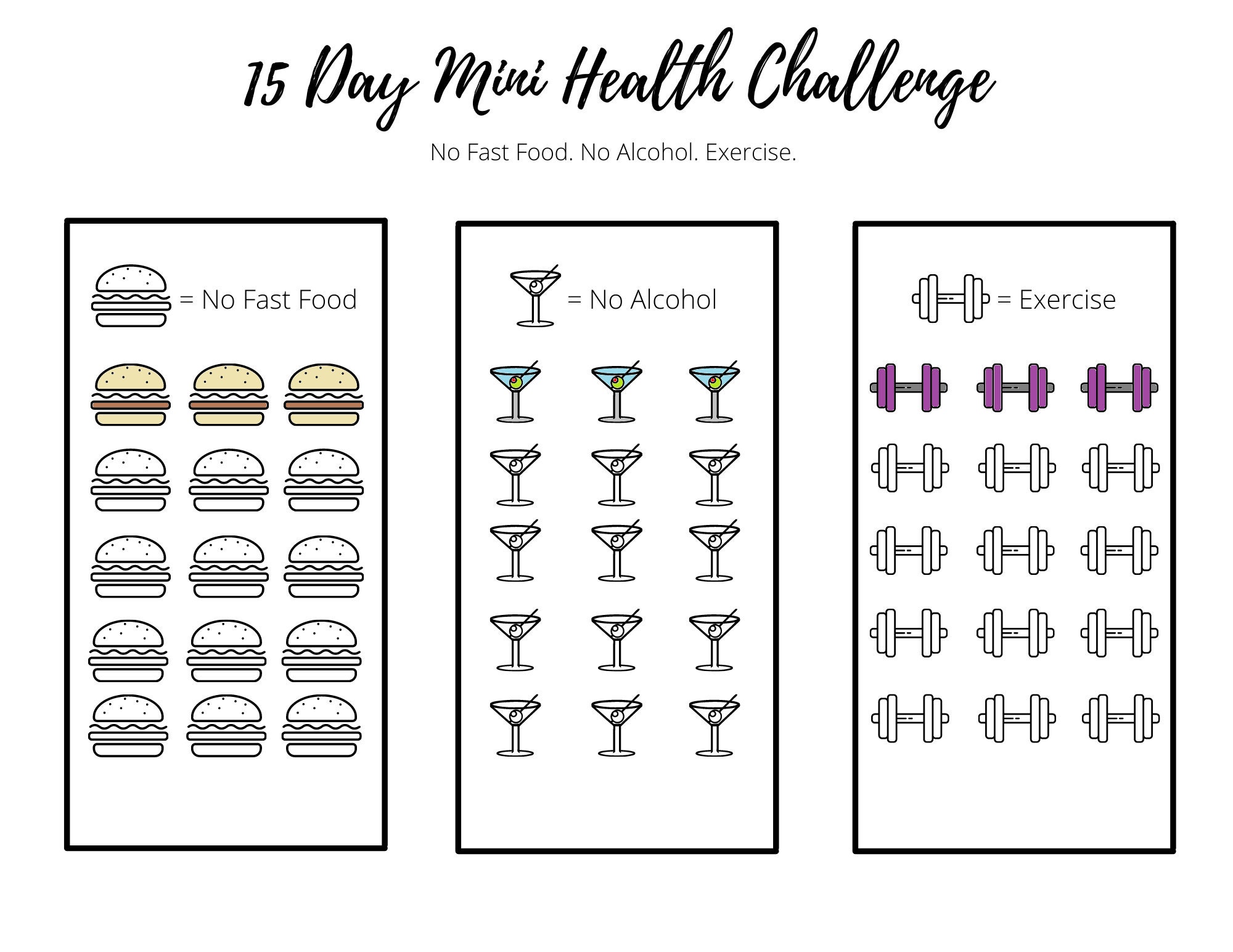 15 Day Mini Health Challenge Printable No Fast Food No Alcohol Exercise ...