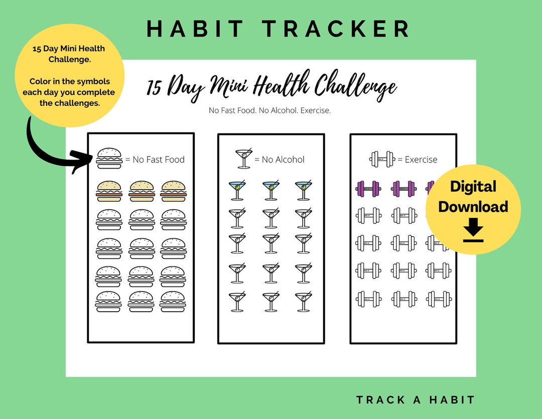 15 Day Mini Health Challenge Printable No Fast Food No Alcohol Exercise ...
