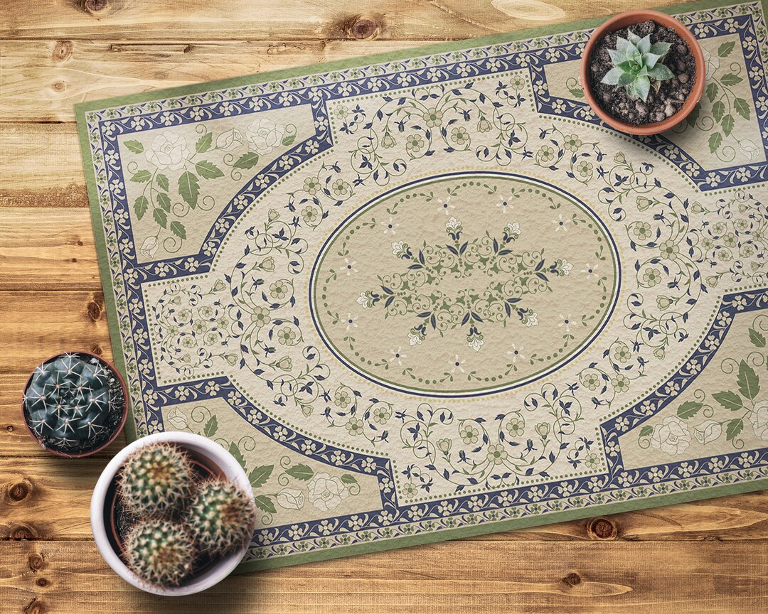 Victorian Floral Garden Motifs Vinyl Mat, Green Vinyl Rug, Purple PVC ...