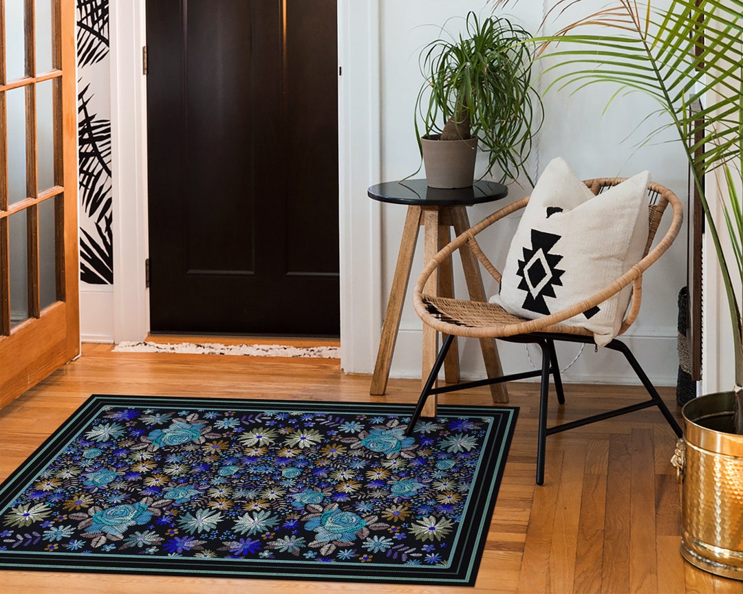 Carpet With Bright Blue Flowers Vinyl Mat, Blue Vinyl Rug, Purple PVC ...
