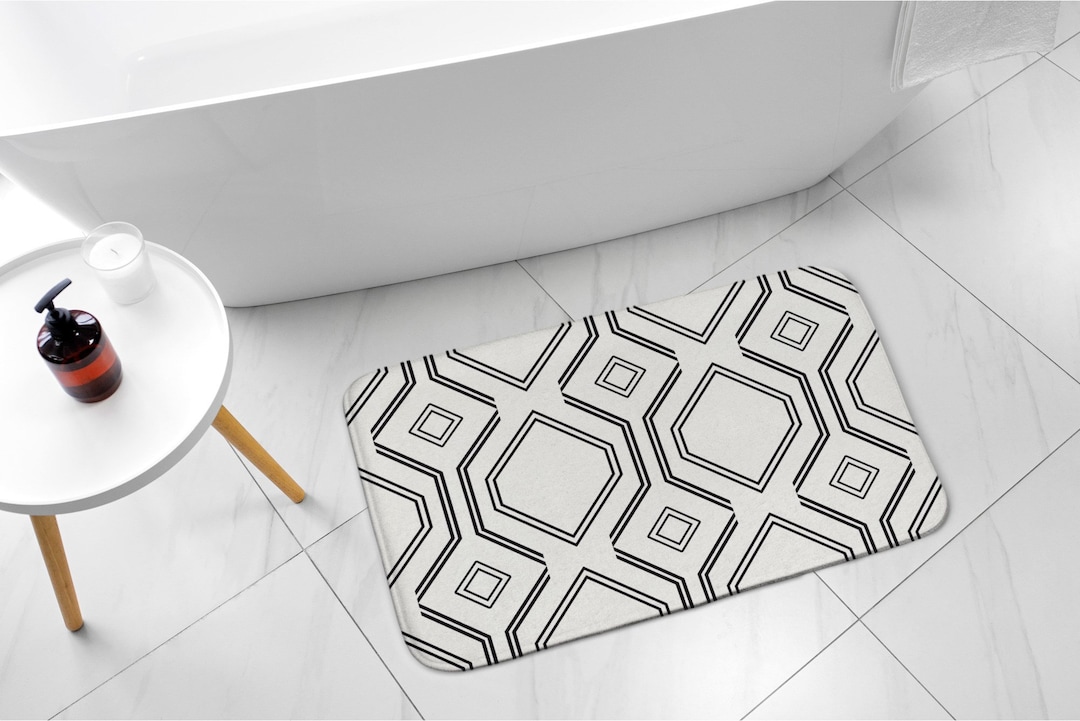 Square Patterns, Bathroom Rug, Geometrical Pattern, White, Nonslip Rug ...
