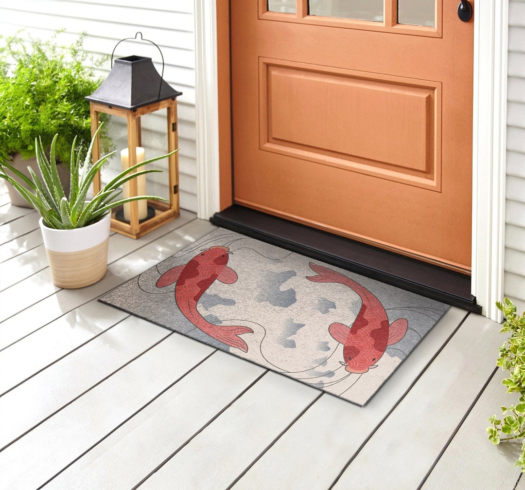 Koi Fishes Outdoor Mat, Red Welcome Mat, Animal Entrance Mat, Non-slip ...