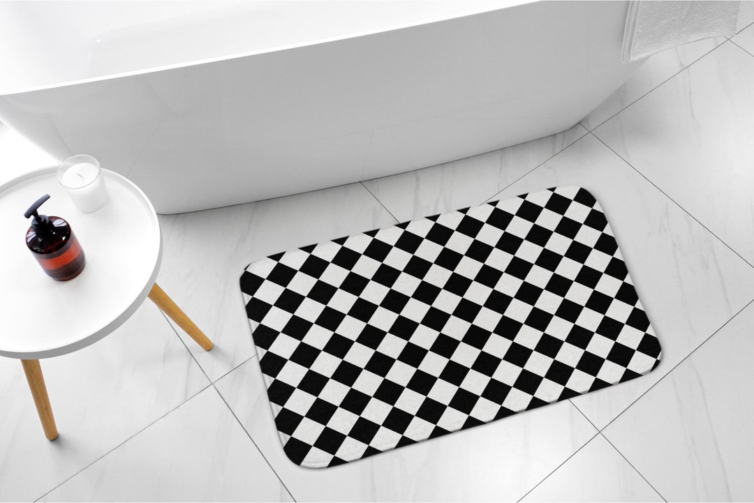 Bathroom Rug, Small Space Carpet, Square Pattern, Black and White ...