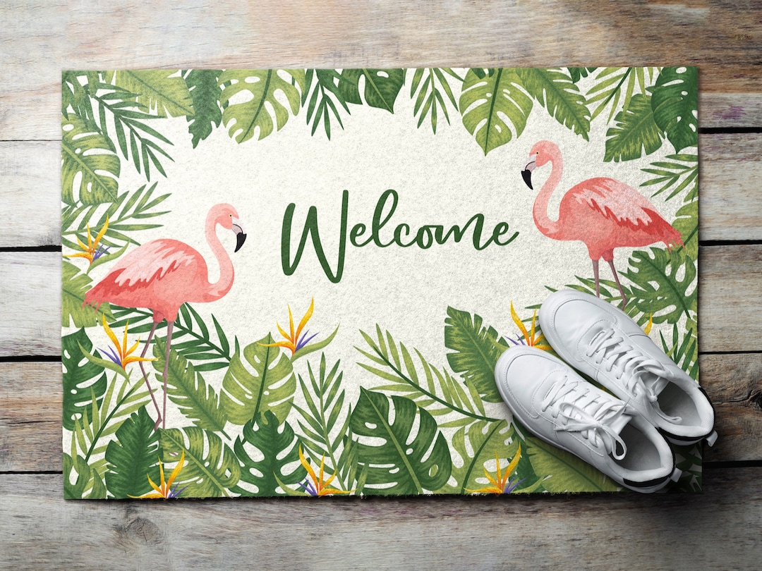 Flamingo Birds Outdoor Mat, Green Welcome Doormat, Text Entrance Mat ...
