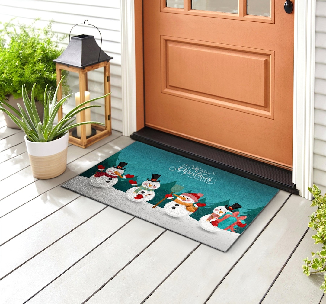 Christmas Snowmen Outdoor Mat, Blue Welcome Mat, Christmas Entrance Mat ...
