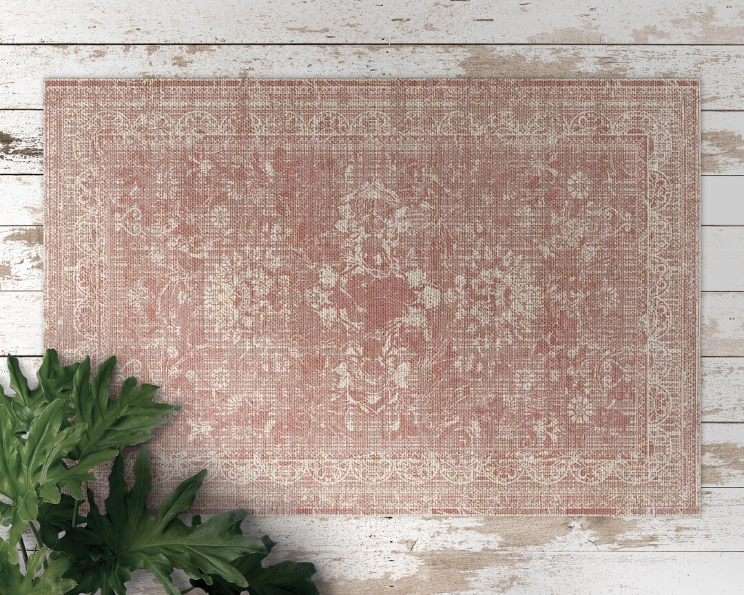 Vintage Traditional Classic Carpet Vinyl Mat, Red PVC Mat, Beige Vinyl ...