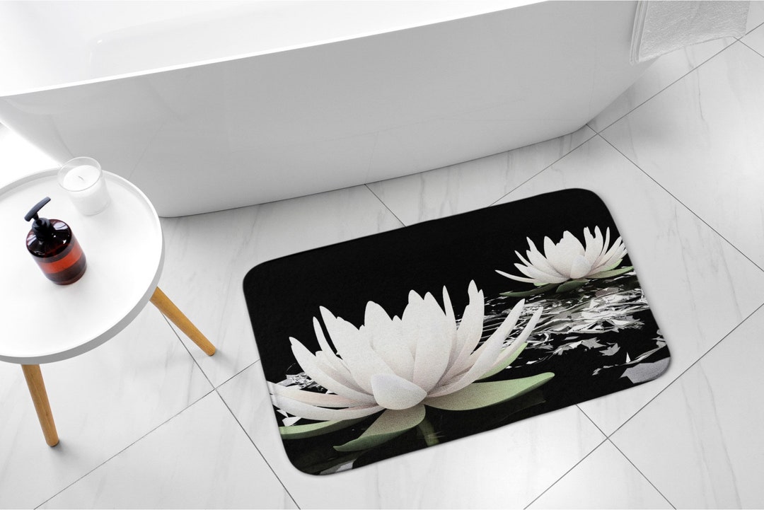 Water Lilies, Bathroom Rug, Floral Pattern, Black, Nonslip Rug ...