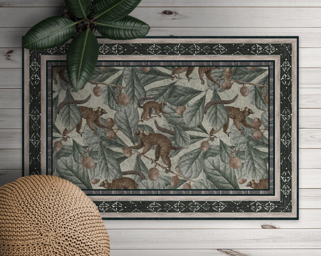 Retro Rainforest Lemurs Jungle Vinyl Mat, Green Vinyl Floor Mat, Brown ...