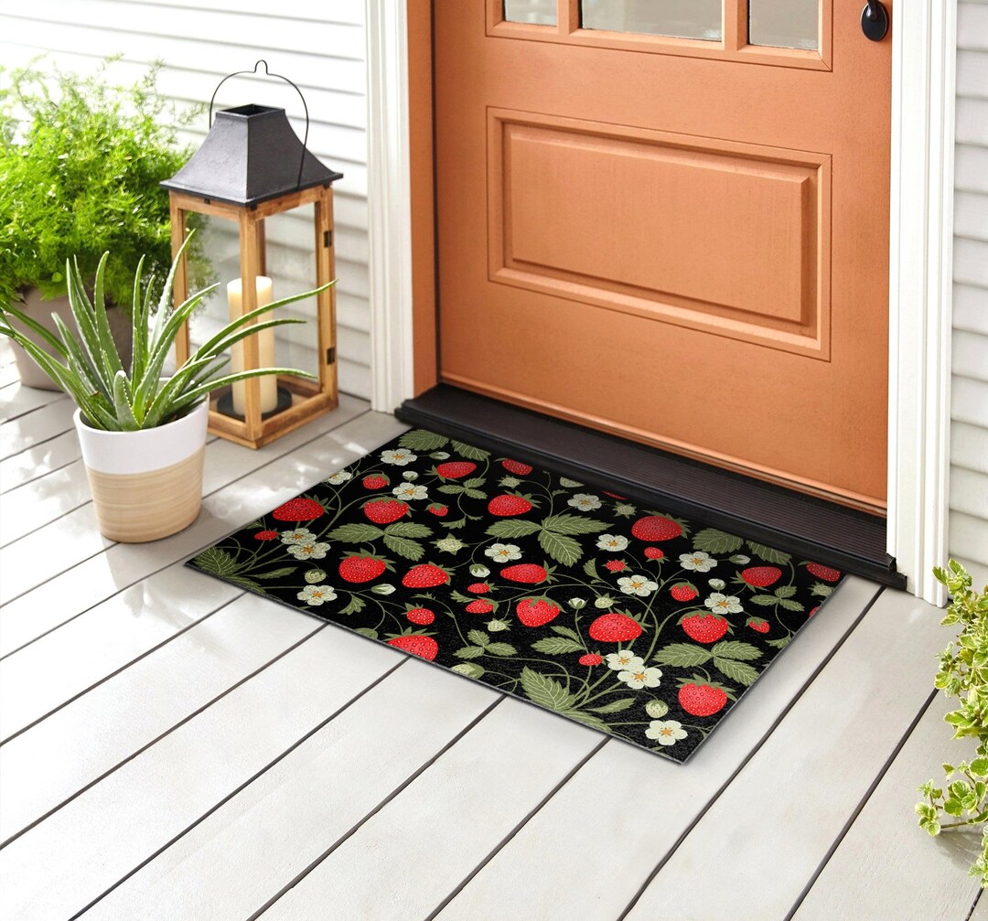 Strawberry Fruit Outdoor Mat, Red Welcome Rug, Floral Front Door Mat ...