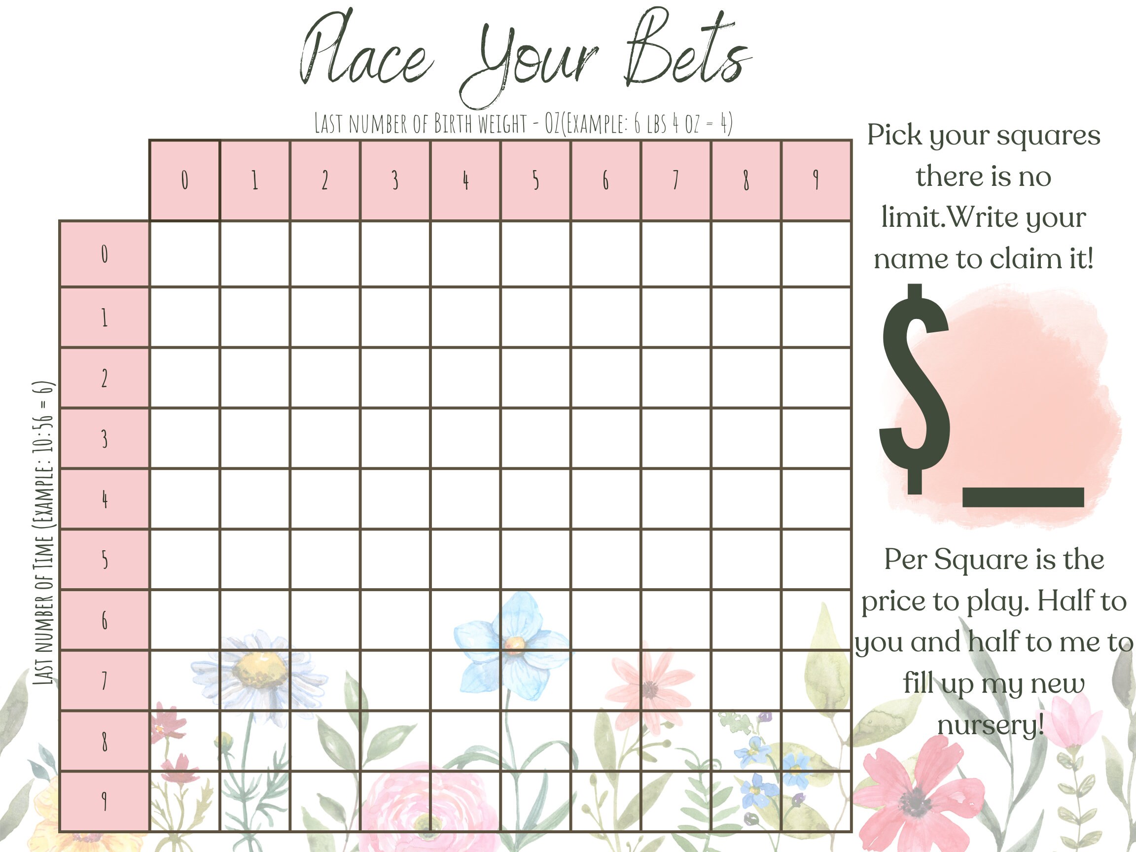Baby Betting Squares Pink Flower CUSTOM ORDER - Etsy