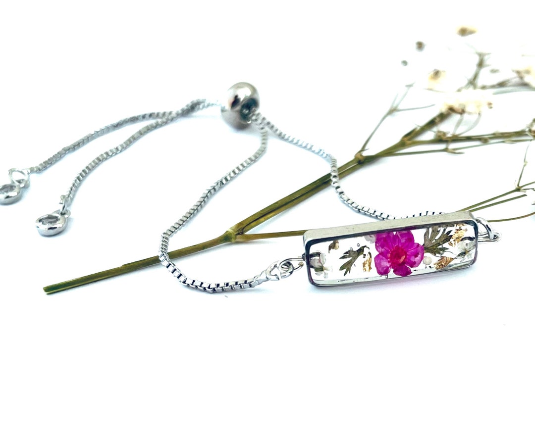 Resin Bracelet With Natural Dried Flowers Adjustable Bracelet Flower ...