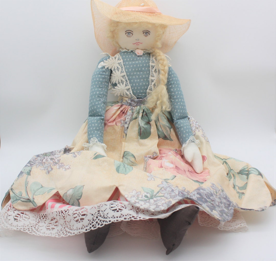 Vintage Handmade Ragdoll Wearing a Straw Hat and a Blue Dress Featuring ...