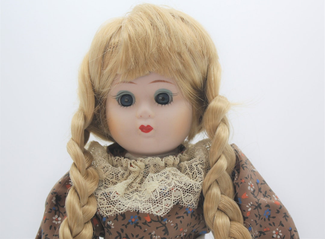 Vintage Porcelain Doll "scotty" With Blonde Braids and a Brown Floral ...