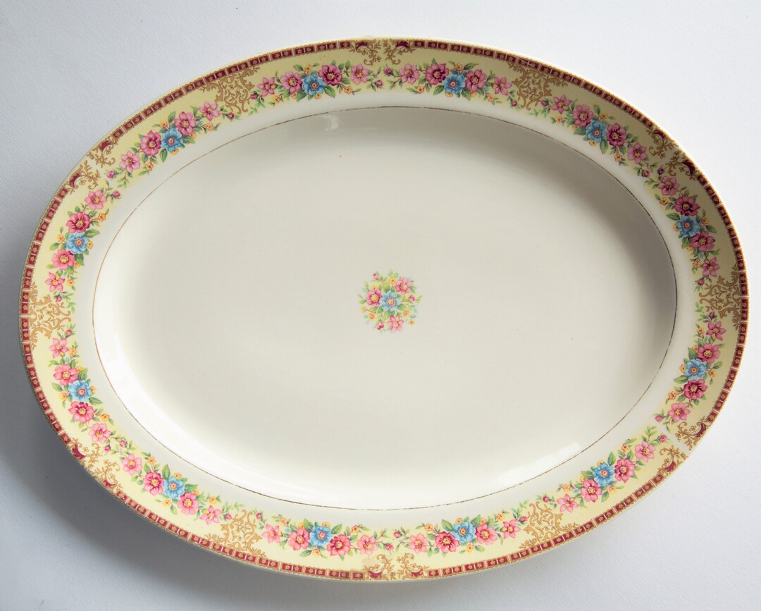 Vintage Cream Color Serving Platter Featuring Yellow Trim With Blue and ...