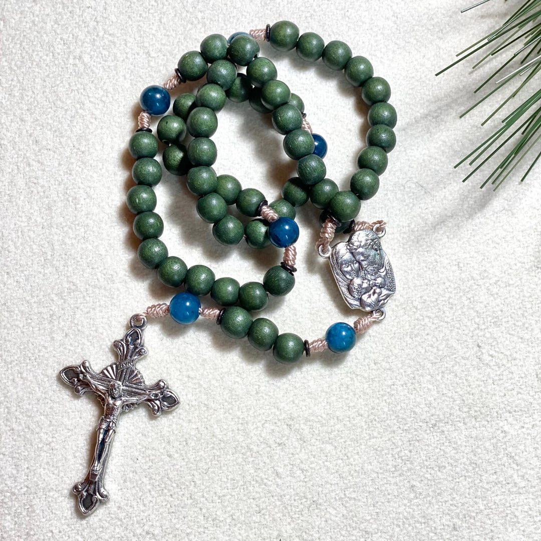 Handmade Corded Holy Family Rosary With Green Wood Beads, Gemstone ...