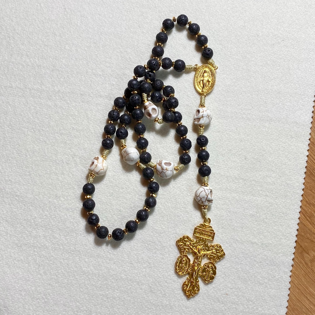Memento Mori Handmade Catholic Corded Rosary With Black Lava Beads and ...