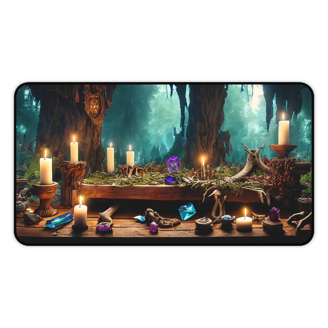 Fantasy Forest With Altar Table With Beautiful Candles Crystals Herbs ...