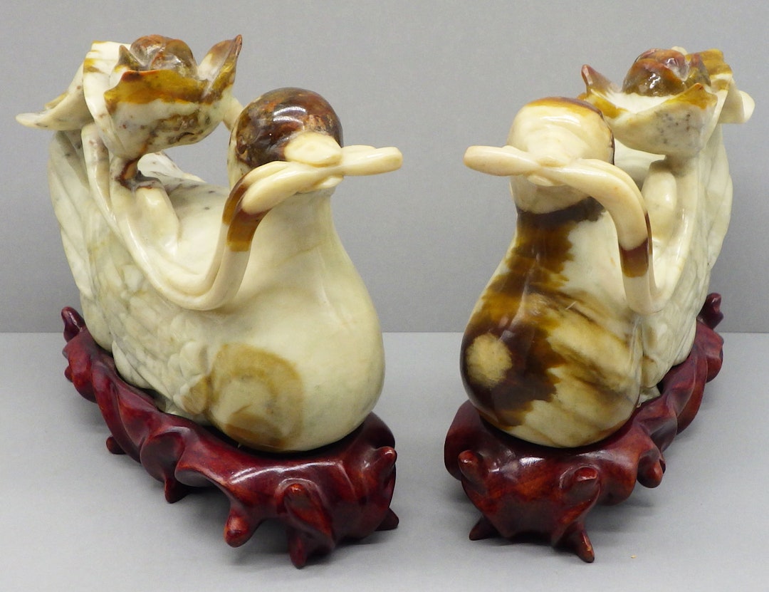 Vintage Mutton Jade Bird Carvings With Lotus Flower on Wooden Bases - Etsy