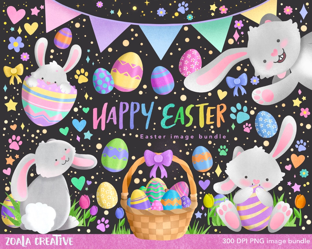 Cute Easter Bunny Clipart Illustration PNG Graphic Bundle, Rainbow ...