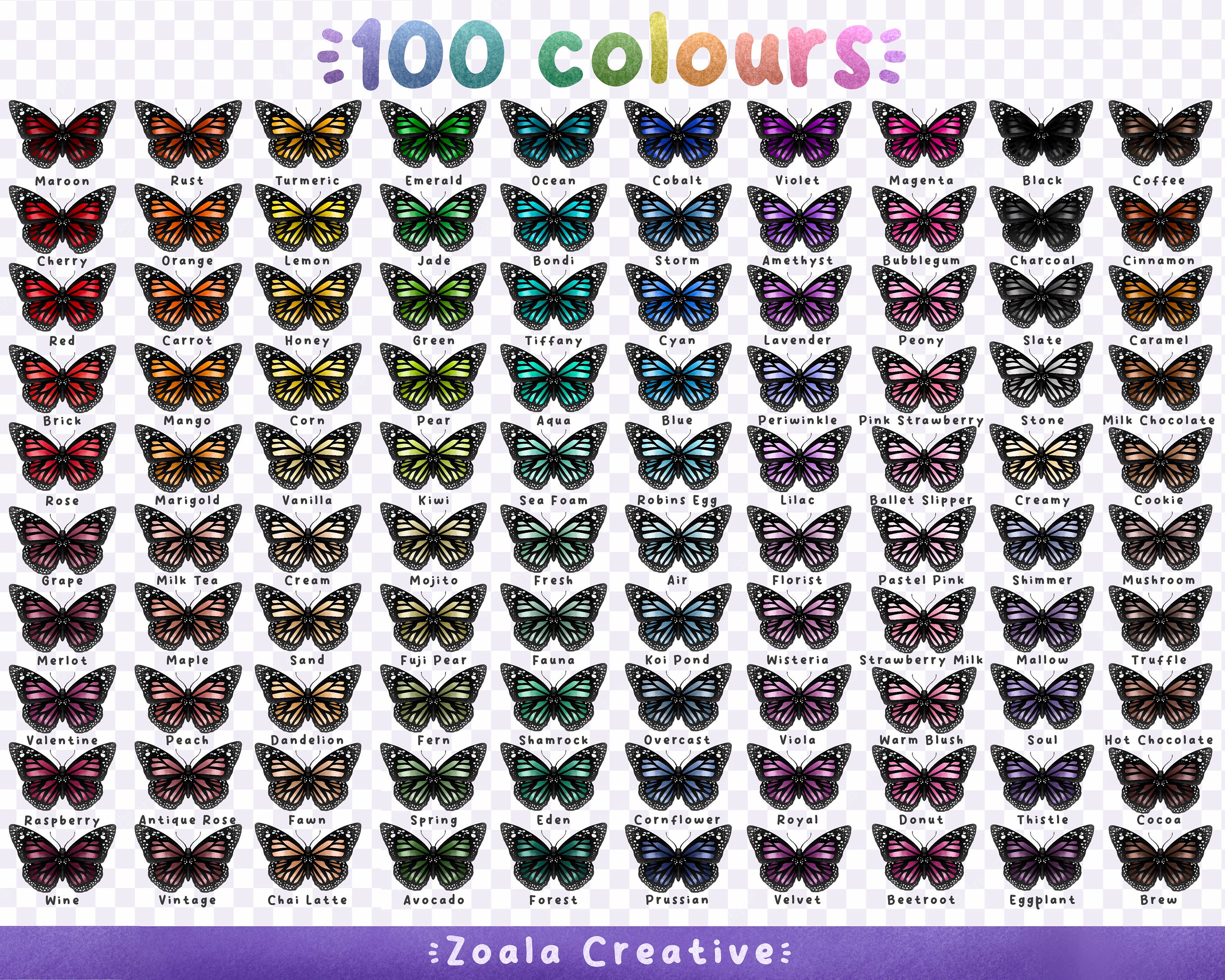 100 Colour Monarch Butterfly Clipart PNG Bundle - Digital Stickers ...