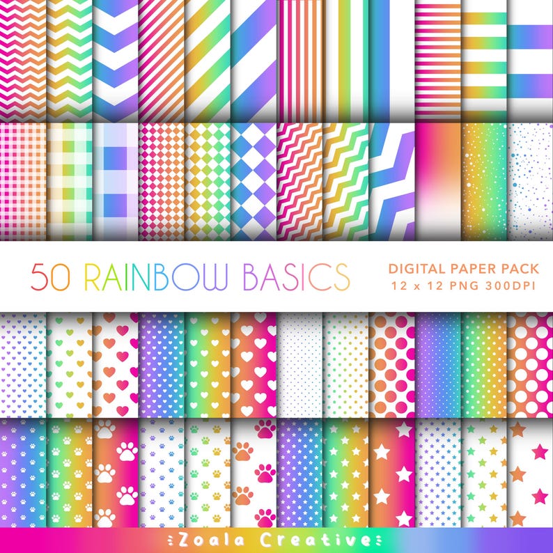 50 RAINBOW Basic Patterns Digital Paper - Stripes, Zigzag, Polka Dot ...
