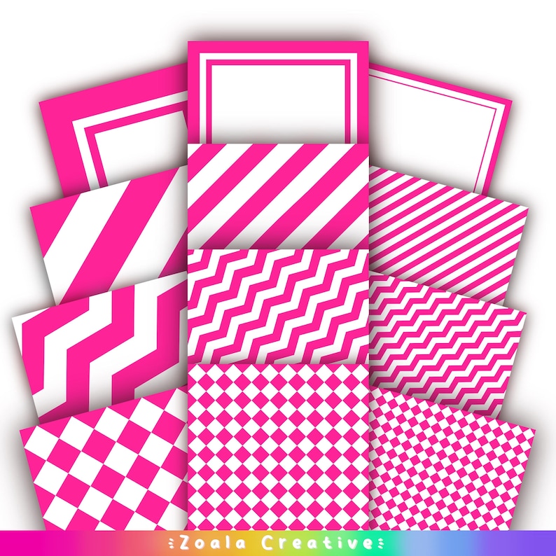 50 HOT PINK Basic Patterns Digital Paper - Stripes, Zigzag, Polka Dot ...