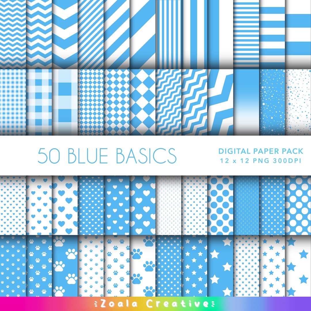 50 BLUE Basic Patterns Digital Paper - Stripe, Zigzag, Polka, Star, Paw ...