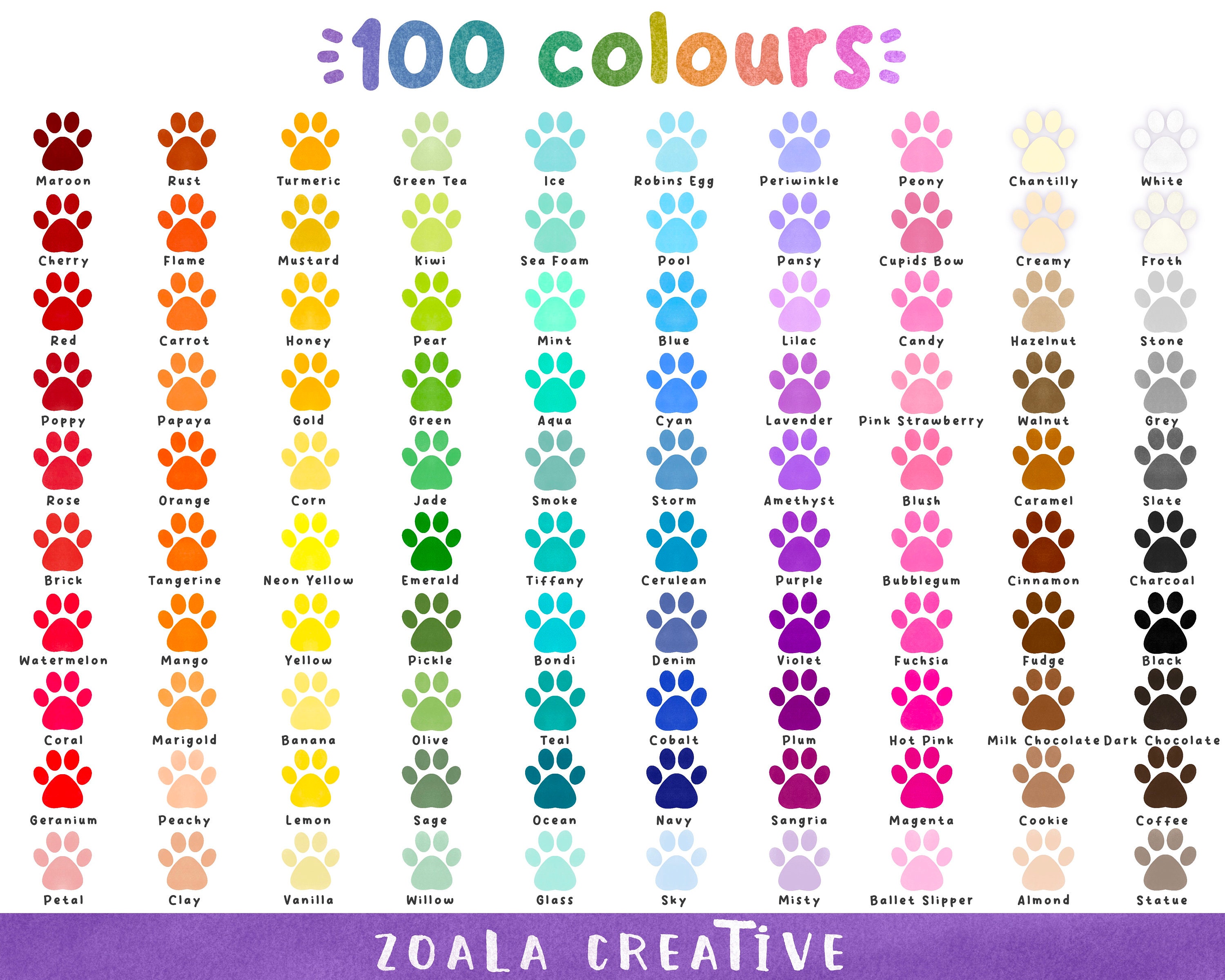 100 Colour Bright Paw Print PNG Clipart Set - Crafts, Scrapbooking. Red ...