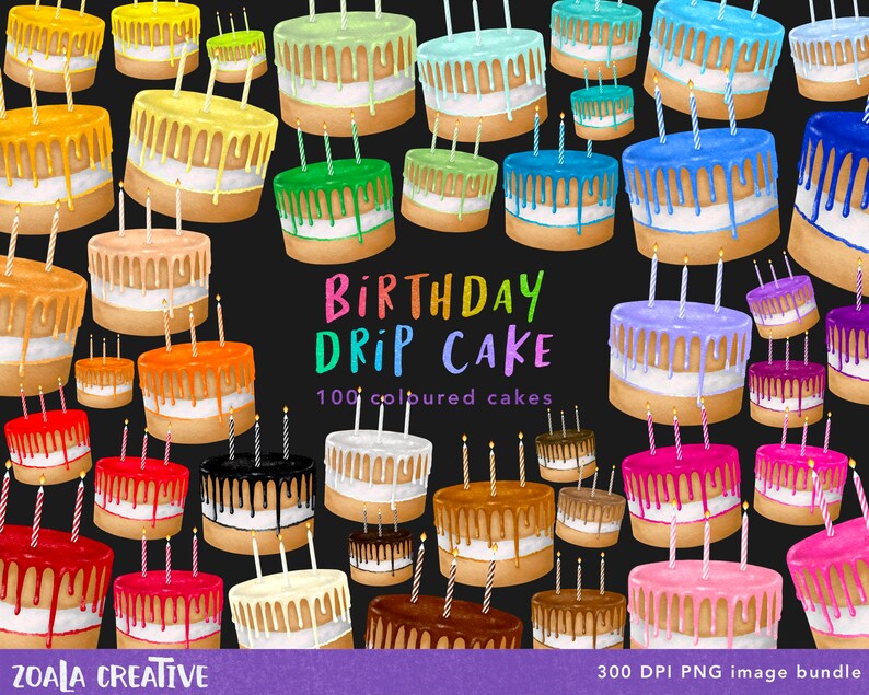 100 Colour Birthday Drip Cake PNG Clipart Bundle for Card Making ...
