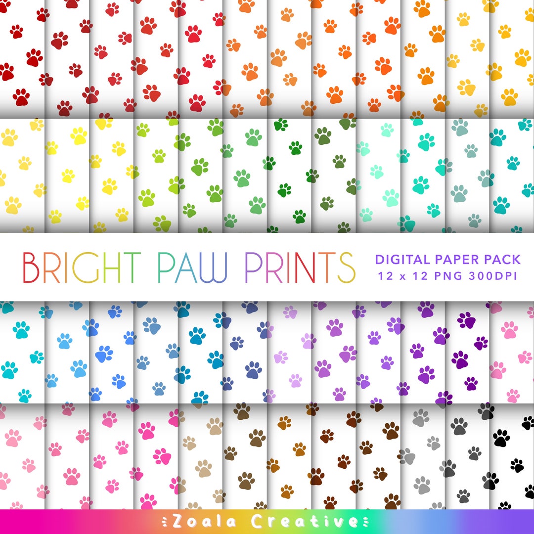 50 Bright Paw Print Seamless Pattern 12 X 12 Digital Paper - Rainbow ...