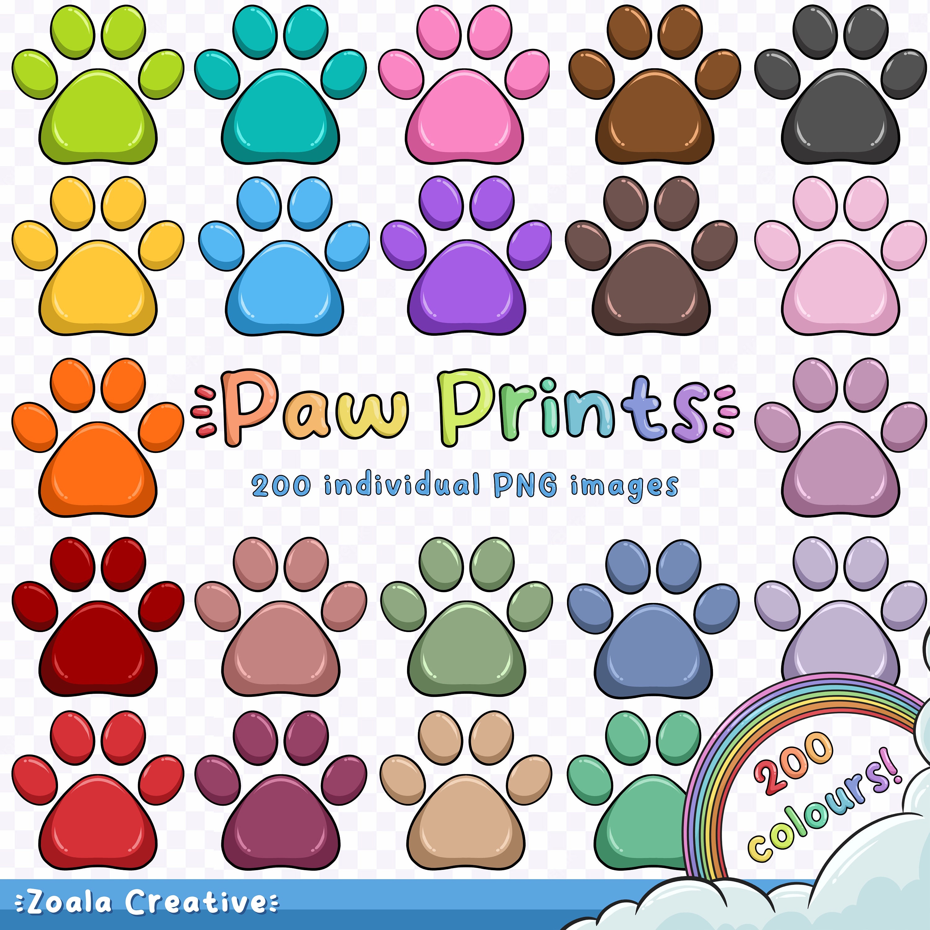 200 Colour Individual Animal Paw Print Cartoon Clipart Rainbow Digital ...