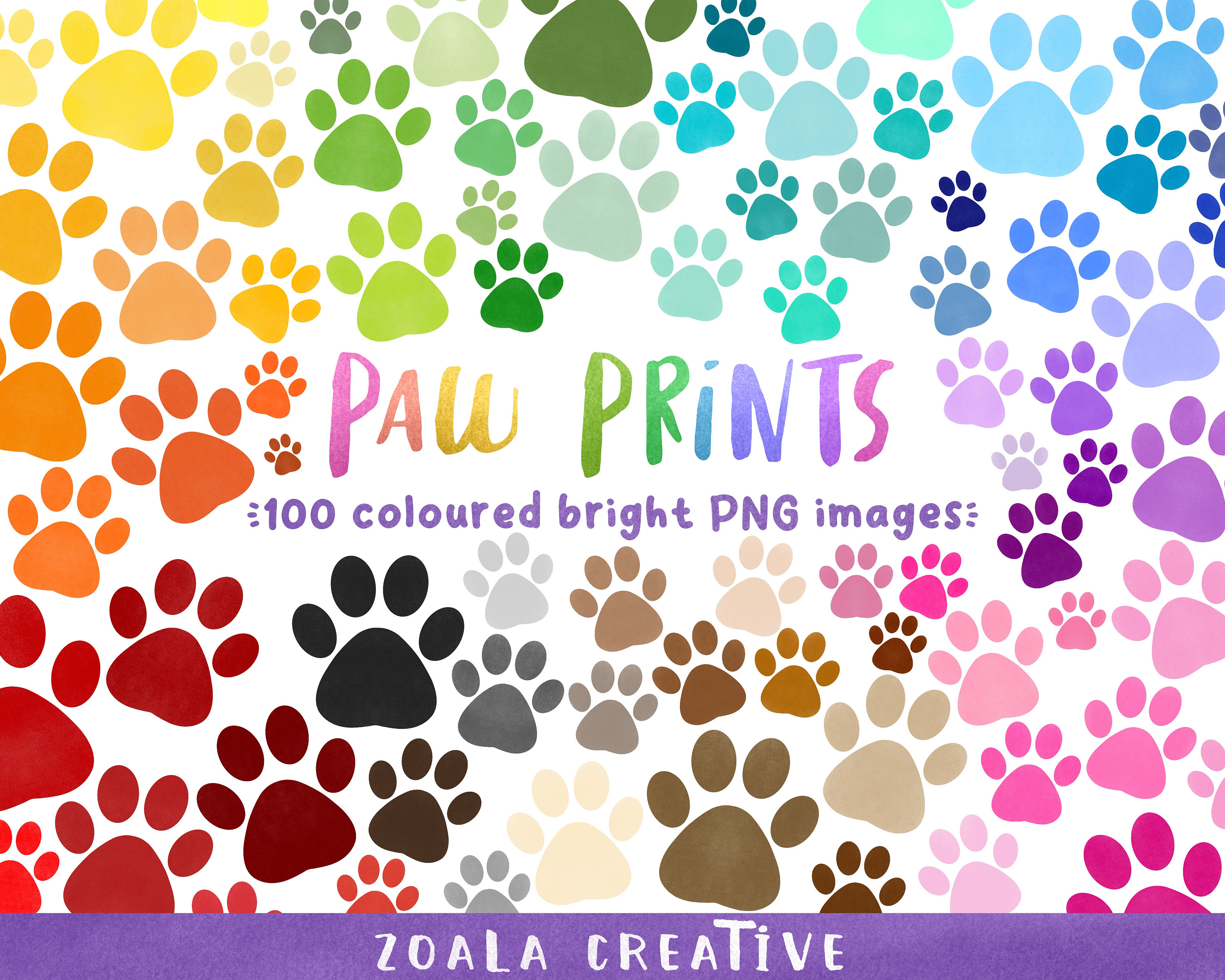 100 Colour Bright Paw Print PNG Clipart Set - Crafts, Scrapbooking. Red ...