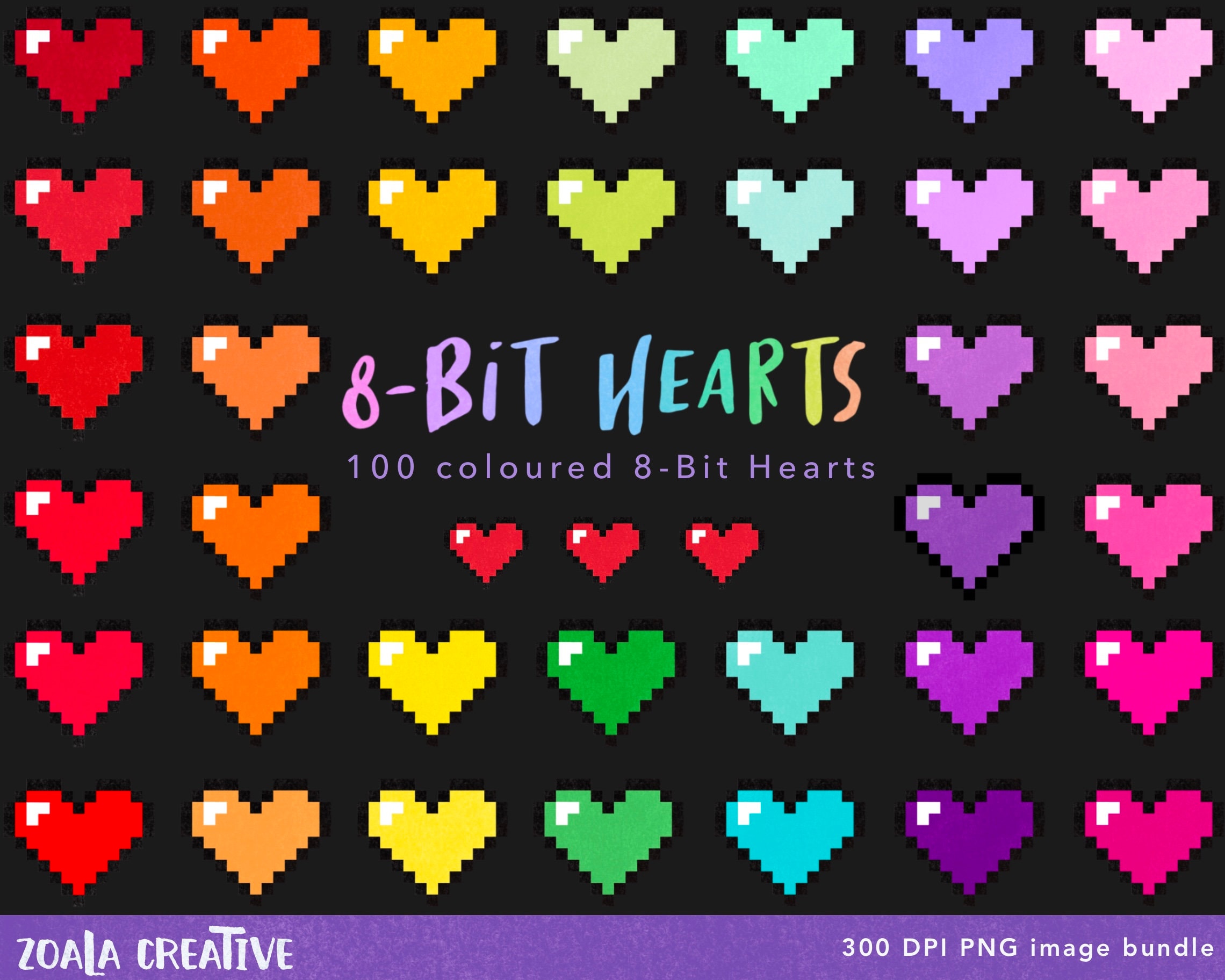 100 Coloured 8-bit Pixelated Hearts PNG Bundle for Digital Stickers ...
