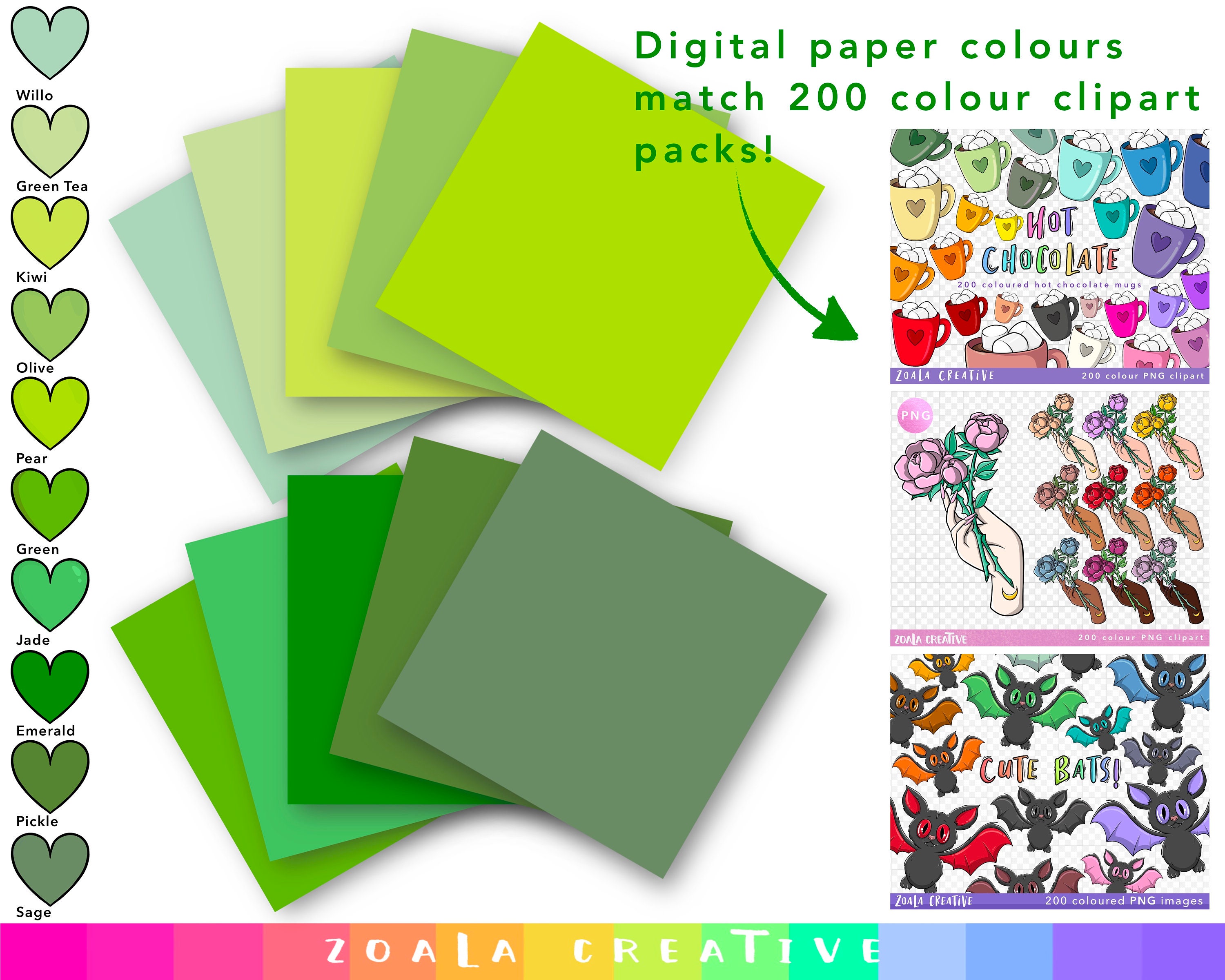 10 Solid Green 12 X 12 Digital Paper Set for Scrapbooking, Journalling ...