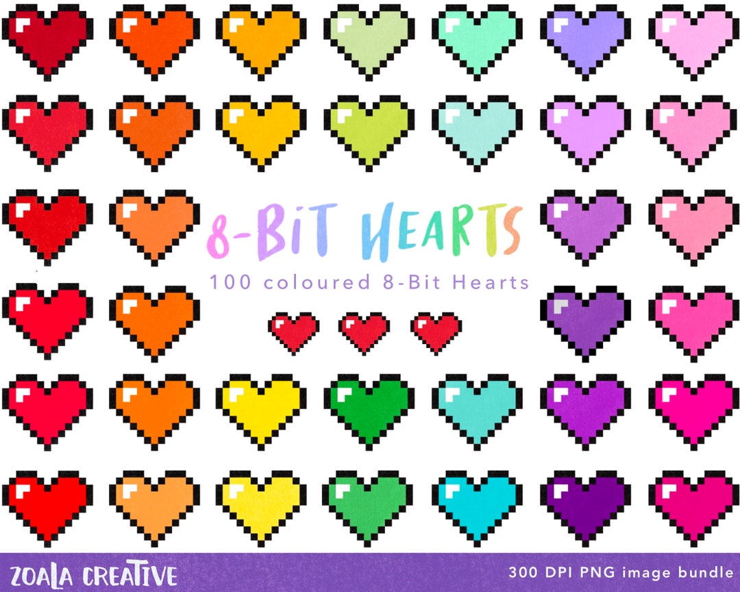 100 Coloured 8-bit Pixelated Hearts PNG Bundle for Digital Stickers ...